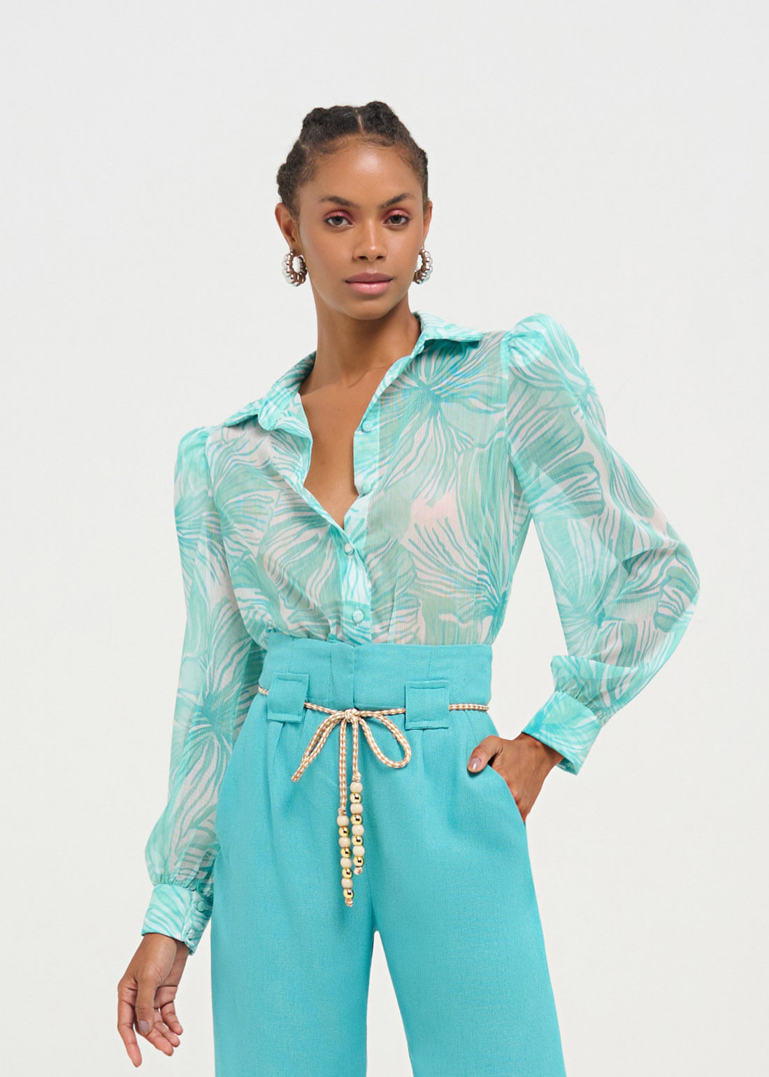 Camisa Estampa Fresh Leaf - Verde Acqua - LORE