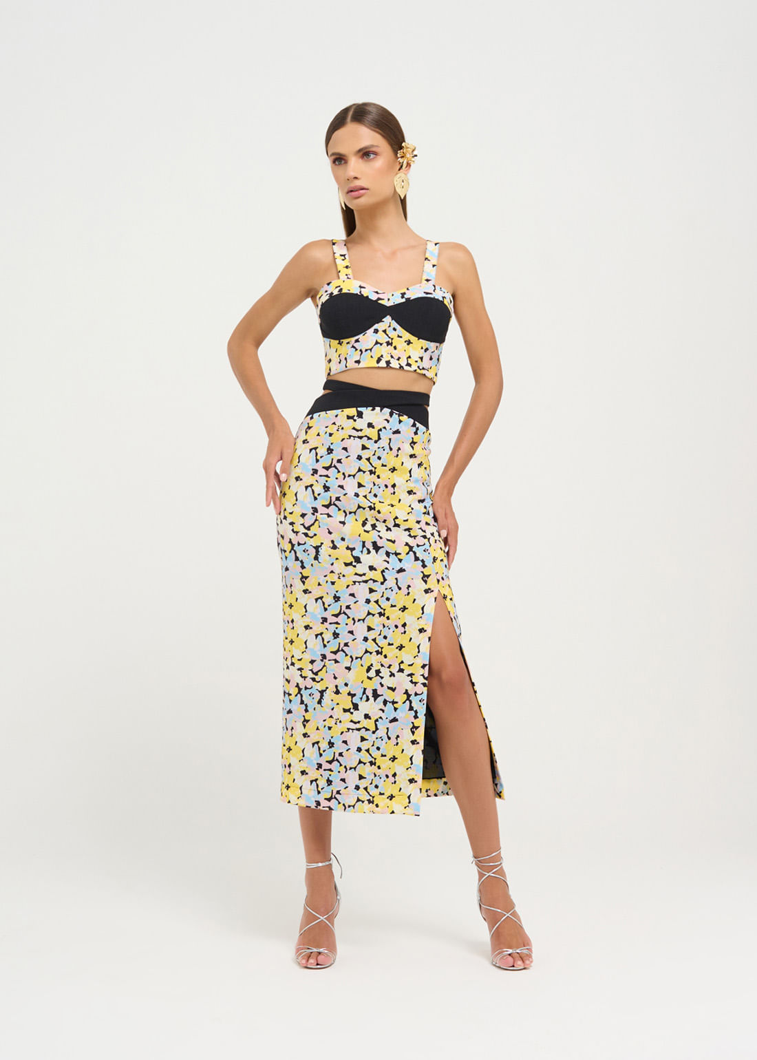 Conjunto Top Saia Mídi Reta Spring Flowers - Preto - LORE